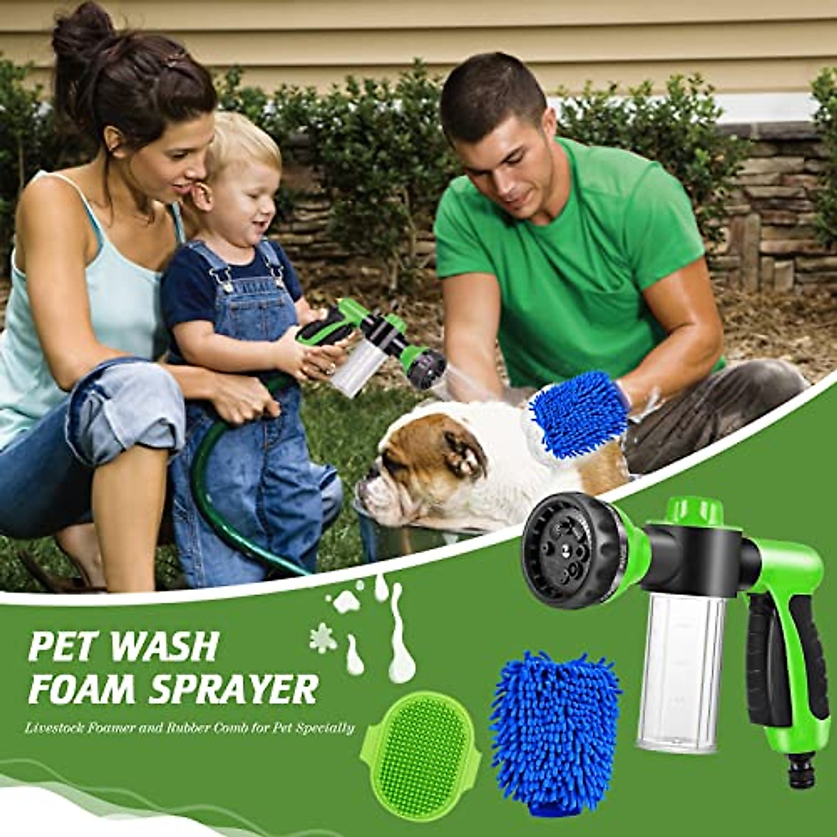 Pup Jet Dog Wash Hose Nozzle Foam Sprayer Dog Horse Sprayer Wash Hose Attachment Soap Dispenser Bottle Nozzle Sprayer Washing Car Shower Pet Bathing Tool(green with gloves)