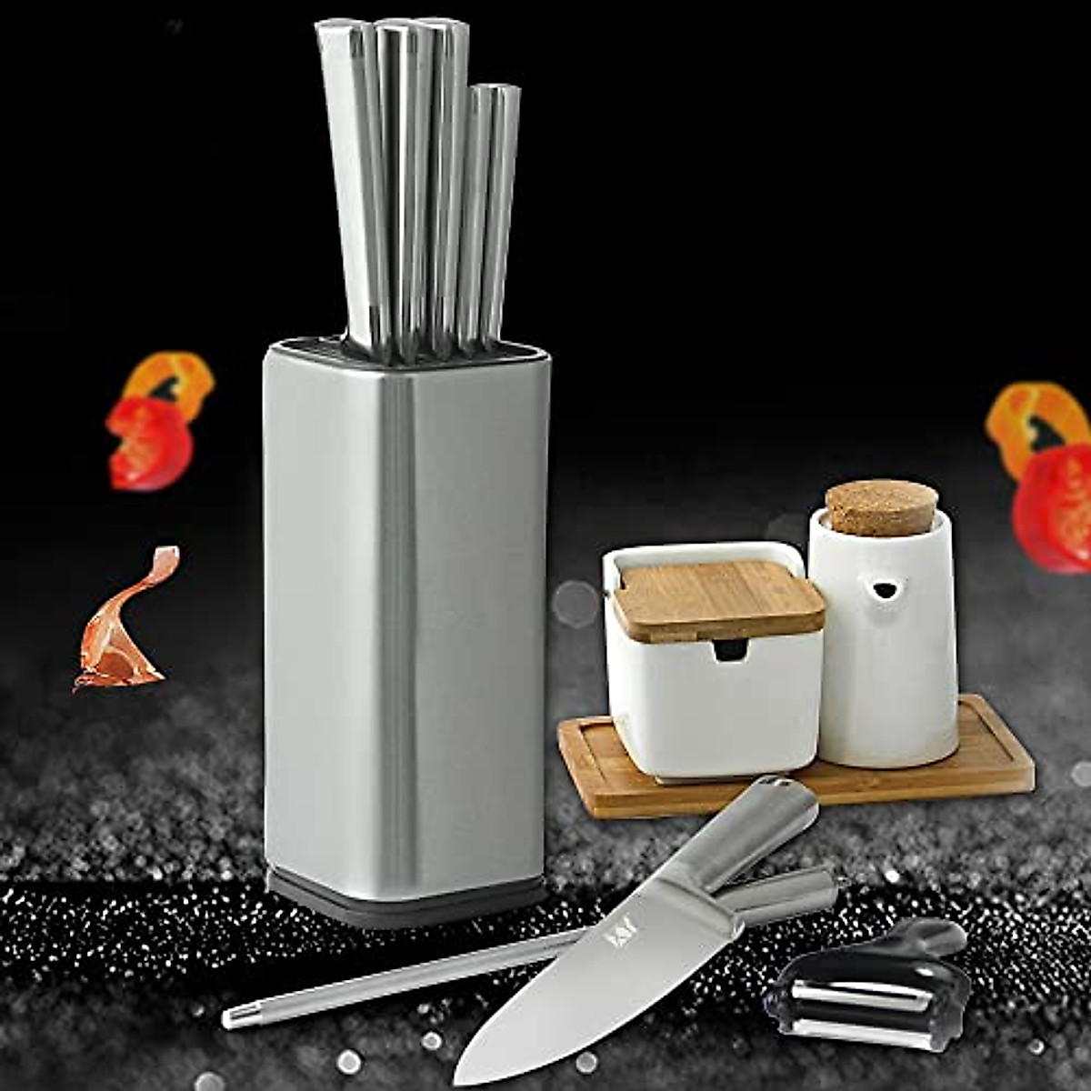BOWONG Universal Knife Block, Stainless Steel Knife Holder Stand with Slots for Scissors and Sharpening Rod, Rectangular Knife Storage Stand Safe and Detachable for Easy Cleaning