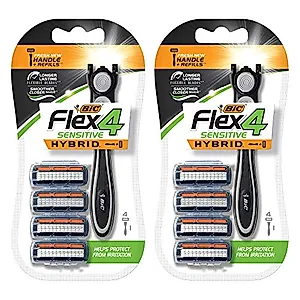 BIC Flex 4 Sensitive Hybrid Titanium Men's Disposable Razors, For a Smooth, Ultra-Close and Comfortable Shave, 8 Cartridges and 2 Handles, 10 Piece Razor Set