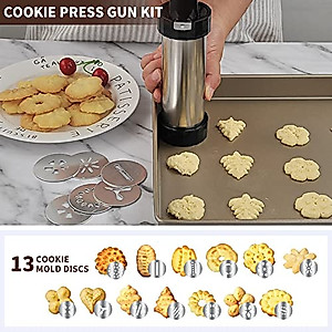 JAZORR Cookie Press,Stainless Steel Cookie Press Gun Kit with 13 Cookie Mold Discs 8 Piping Nozzles for DIY Biscuit Maker and Cake Decorating Tool (Black,with Cleaning Brush)