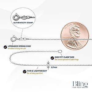 Bling For Your Buck Sterling Silver Chain Necklace for Women and Men | Thin Italian Box Chain 0.7mm 925 Silver Necklace Chain | Choose Length 14 inch - 40 inch | 22 inch Size