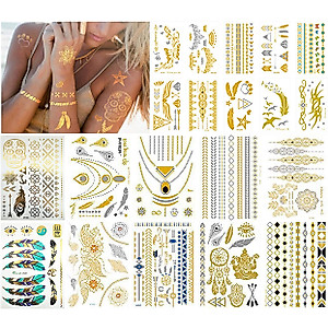 24 Sheets Gold Henna Tattoo Temporary Tattoos for Adult Women, Over 300 Shimmer Waterproof Fake Tatoos - Gold Tattoos Metallic Stickers in Bracelets, Feathers, Wrist and Arm Bands