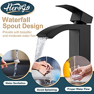 Bathroom Sink Faucet, Herogo Matte Black Waterfall Stainless Steel Sink Faucet with Pop-up Drain, Single Handle Bathroom Faucet with Deck Plate for 1 or 3 Hole RV Bathroom Vanity Lavatory Sinks