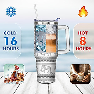 40 oz Elephant Tumbler with Handle and Straw, Gray Mandala Floral Stainless Steel Vacuum Insulated Travel Coffee Mug Cup Water Bottle, Grey Elephant Stuff Accessories Decor Gifts for Women Girls