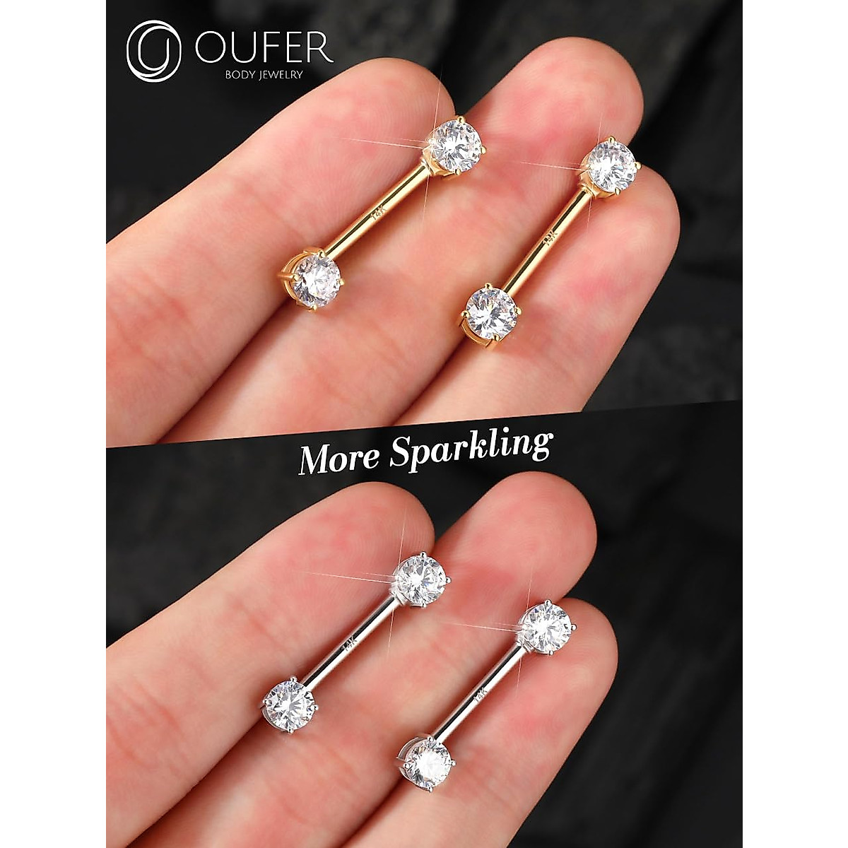OUFER 2PCS Nipple Rings, 14K Solid Gold Nipple Piercing Jewelry, Clear CZ Nipple Piercing, 14G Nipple Barbells, Nipple Rings For Women Men