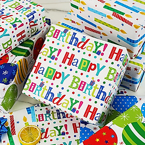 BOLIANNE Birthday Wrapping Paper for Boys Girls Kids Men Women - Gift Wrapping Paper with Balloon 'Happy Birthday' Candles, 6 Large Sheets Gift Wrap for Holiday Party, Folded Flat, 27 X 37 Inch