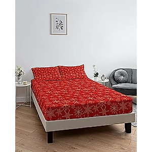 Full Size Fitted Sheet Bed Set Winter Christmas Gold Snowflake Deep Pocket Soft Bottom Sheets&Pillowcases for Bedroom Decor Seamless Snow on Red,Fits Mattress Up to 16" Deep