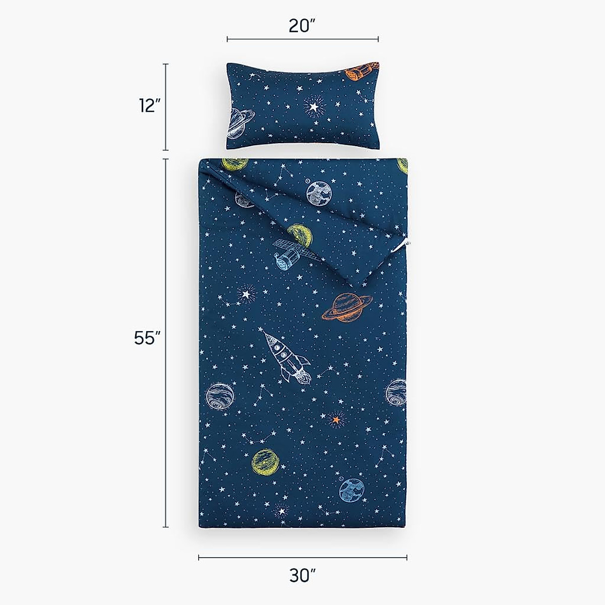 Wake In Cloud - Sleeping Bag Zippered, Nap Mat with Matching Pillow for Kids Boys Girls Sleepover Overnight Travel Slumber Bag, Rockets Stars Galaxy Space Planet on Navy Blue, 100% Soft Microfiber