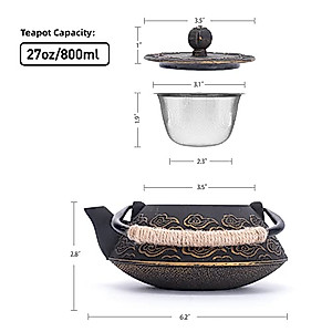 MILVBUSISS Cast Iron Teapot, Japanese Tea Pot with Infuser for Loose Leaf, Tea Kettle Stovetop Safe Coated with Enameled Interior, Clouds Pattern 27oz, 800ml Black