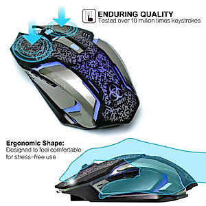 VEGCOO Wireless Gaming Mouse, C8 Wireless Rechargeable Mouse with Colorful LED Lights and 2400/1600/1000 DPI for Laptop and Computer (C9 Silver)