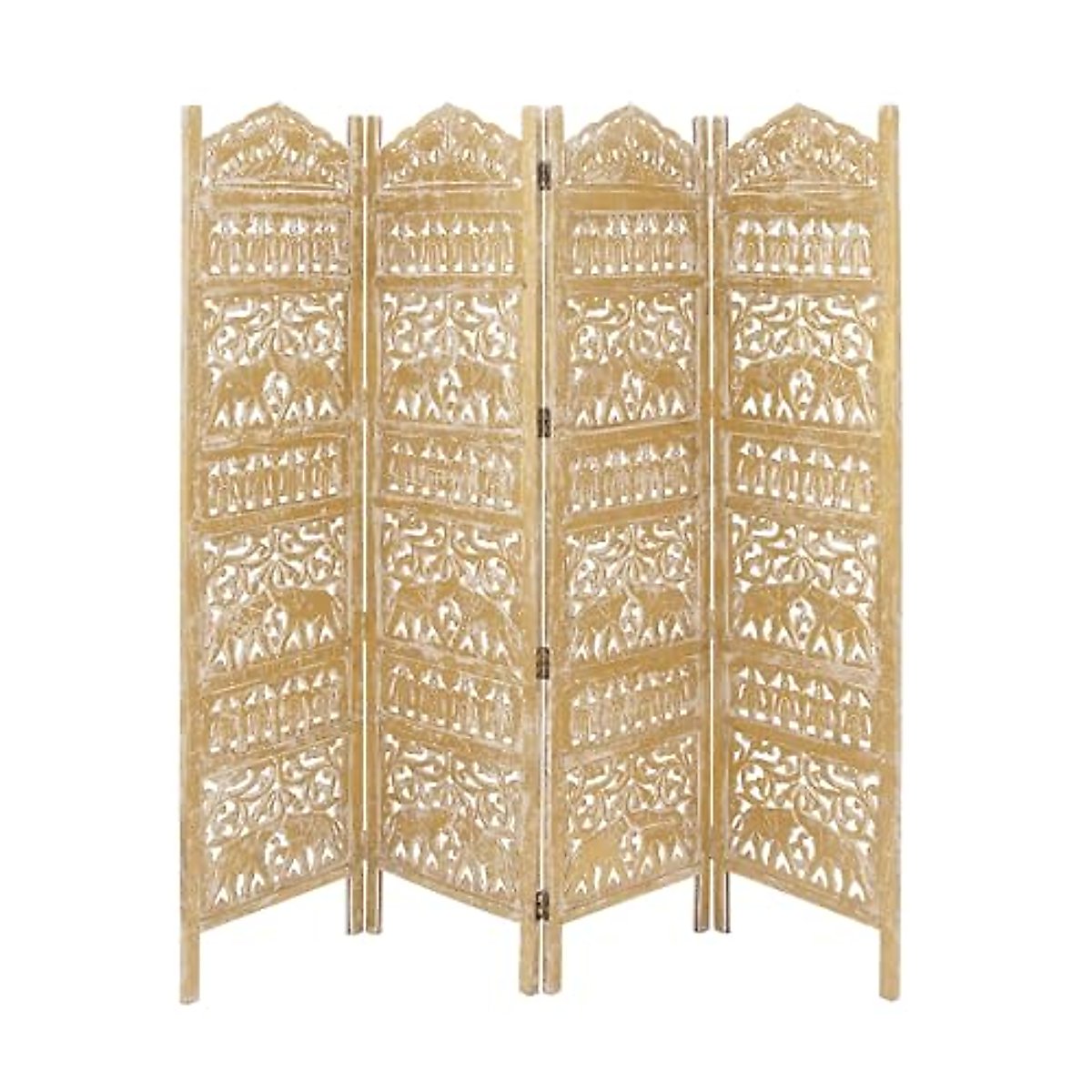 Deco 79 Wooden Scroll Handmade Partition Room Divider Screen Hinged Foldable Partition 4 Panel Privacy Screen with Carved Elephant Accents, Room Partition 80" x 1" x 72", Gold