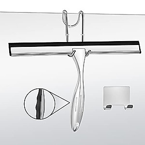 Abealv Shower Squeegee Stainless Steel Window Squeegees Non-Slip Bathroom Scraper Glass Shower Door Squeegee All-Purpose Car Wiper for Windows Kitchen and Mirror with 2 Matching Hooks Holder (10 inch)