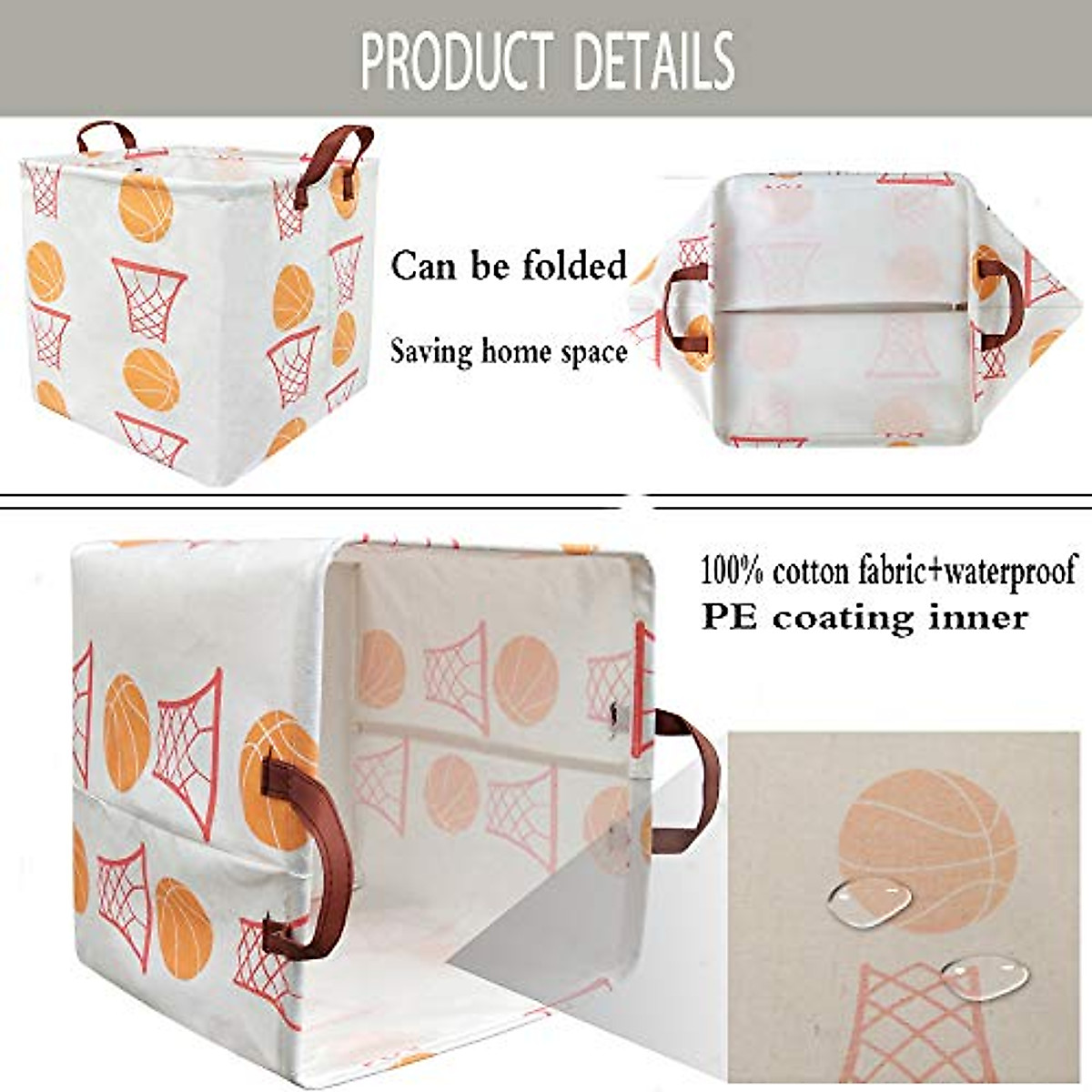 BOOHIT Square Storage Box Basket,Canvas Fabric Toy Collapsible Storage Organizer Bin,PE Waterproof Storage Box,Laundry Basket for Kid Rooms,Playroom,Shelves,Toy Basket,Gift Basket(Basketball)