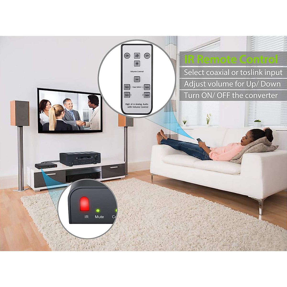 LiNKFOR DAC Converter 192kHz Digital to Analog Audio Converter 3 Optical SPDIF Toslink + 1 Coaxial Switch to Analog Stereo L/R RCA 3.5mm Audio Adapter Support Volume Control/Mute/Power ON or OFF by