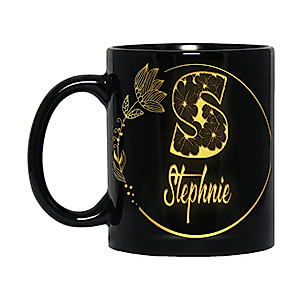 Coffee Mug Personalized Stephnie Name & Initial Letter Monogram Floral Alphabet Mug Golden Flowers Custom Black Coffee Cup, Gift for Her Mom Coworker Sister, Wife, Girl 11oz Black Mug 819535