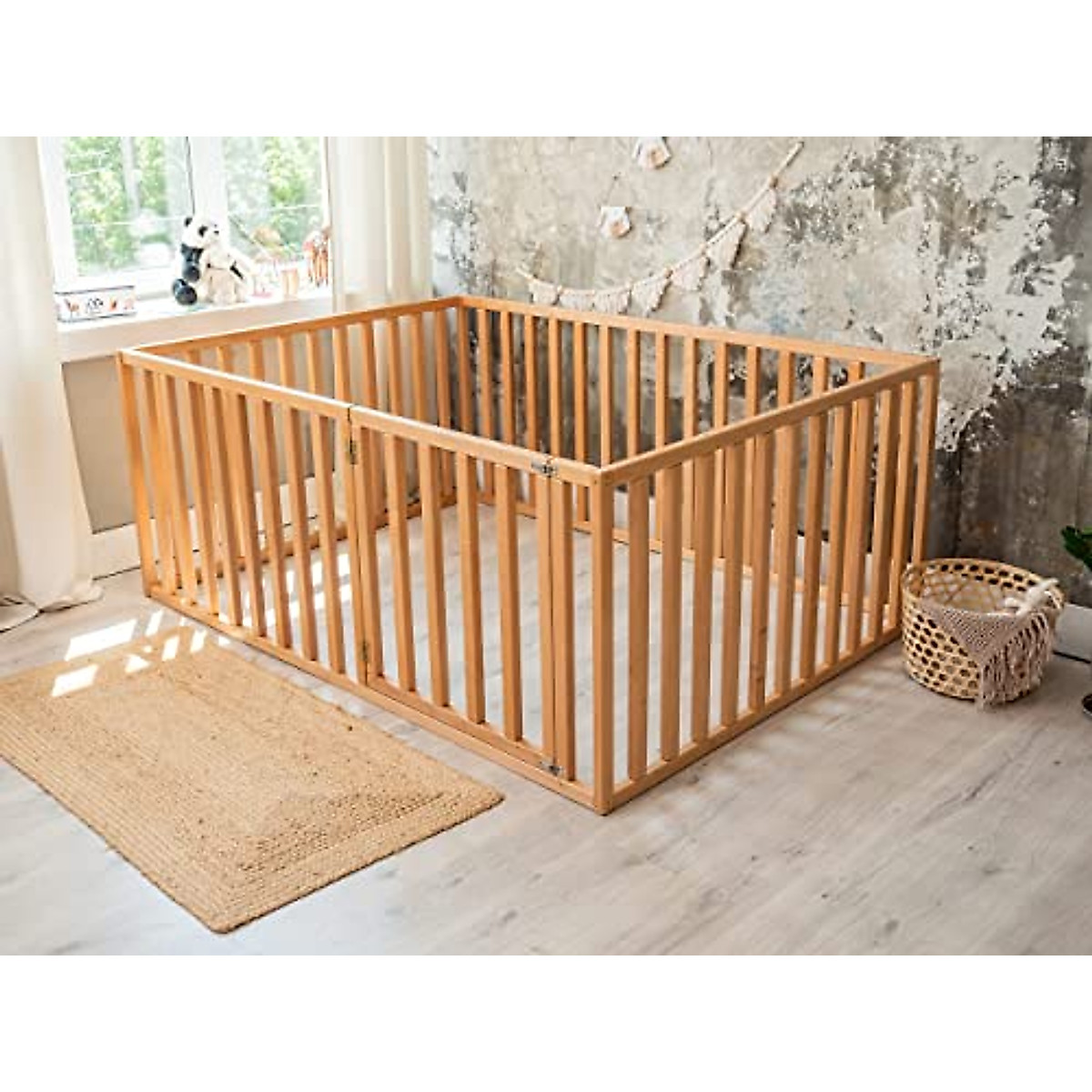 BUSYWOOD Wooden Floor Bed Playpen with Extended Rail - Toddler Bed Frame - Bed with Extra Protection - Toddler Playpen - Play Bed - Solid Wood Bed - (Model 6.3, Floor bed)