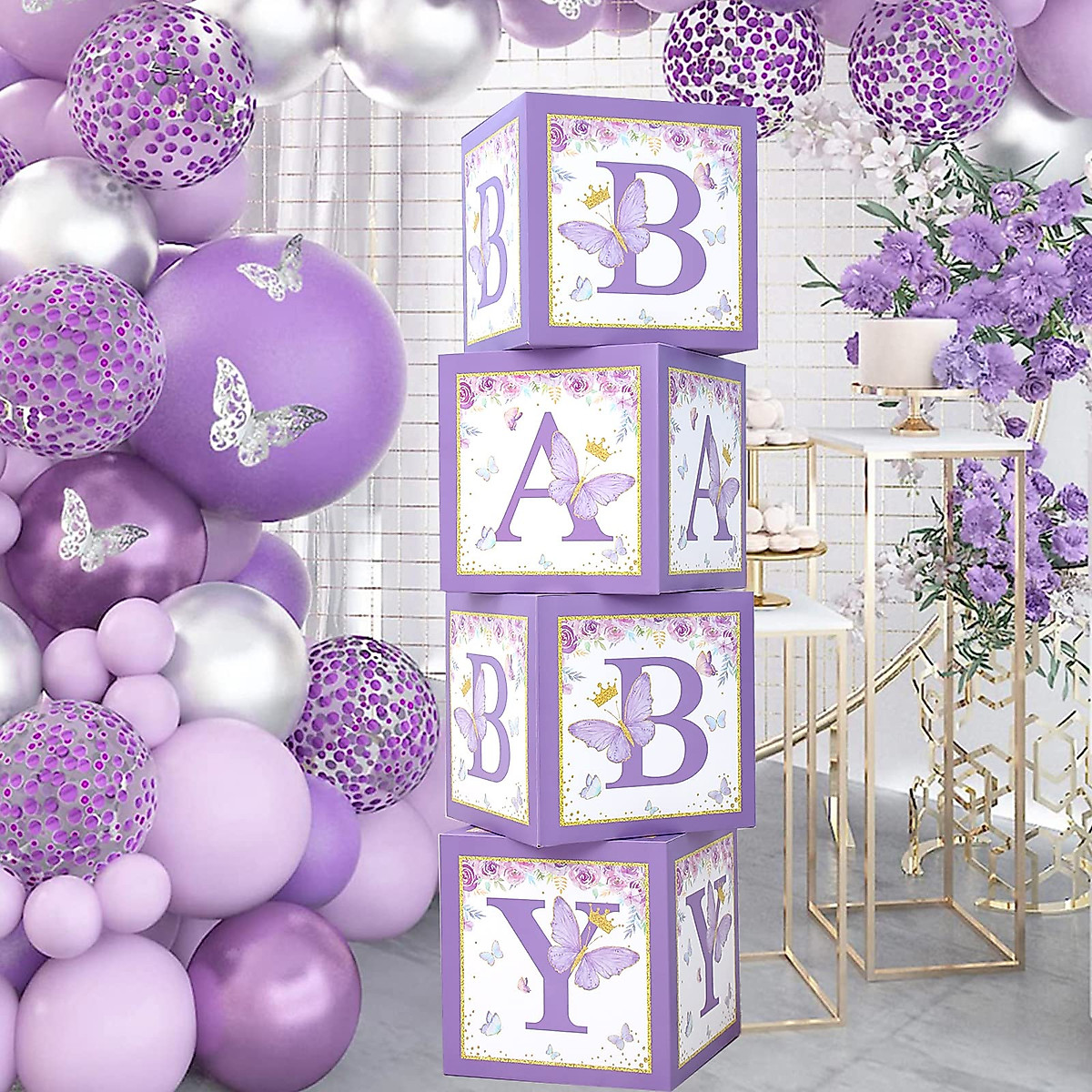DataMoon Purple Butterfly Baby Shower Boxes Decorations - 4 Purple Balloons Boxes with BABY Letter, Printed Letters,First Birthday Centerpiece Decor, Baby Blocks for Girl, Gender Reveal Backdrop