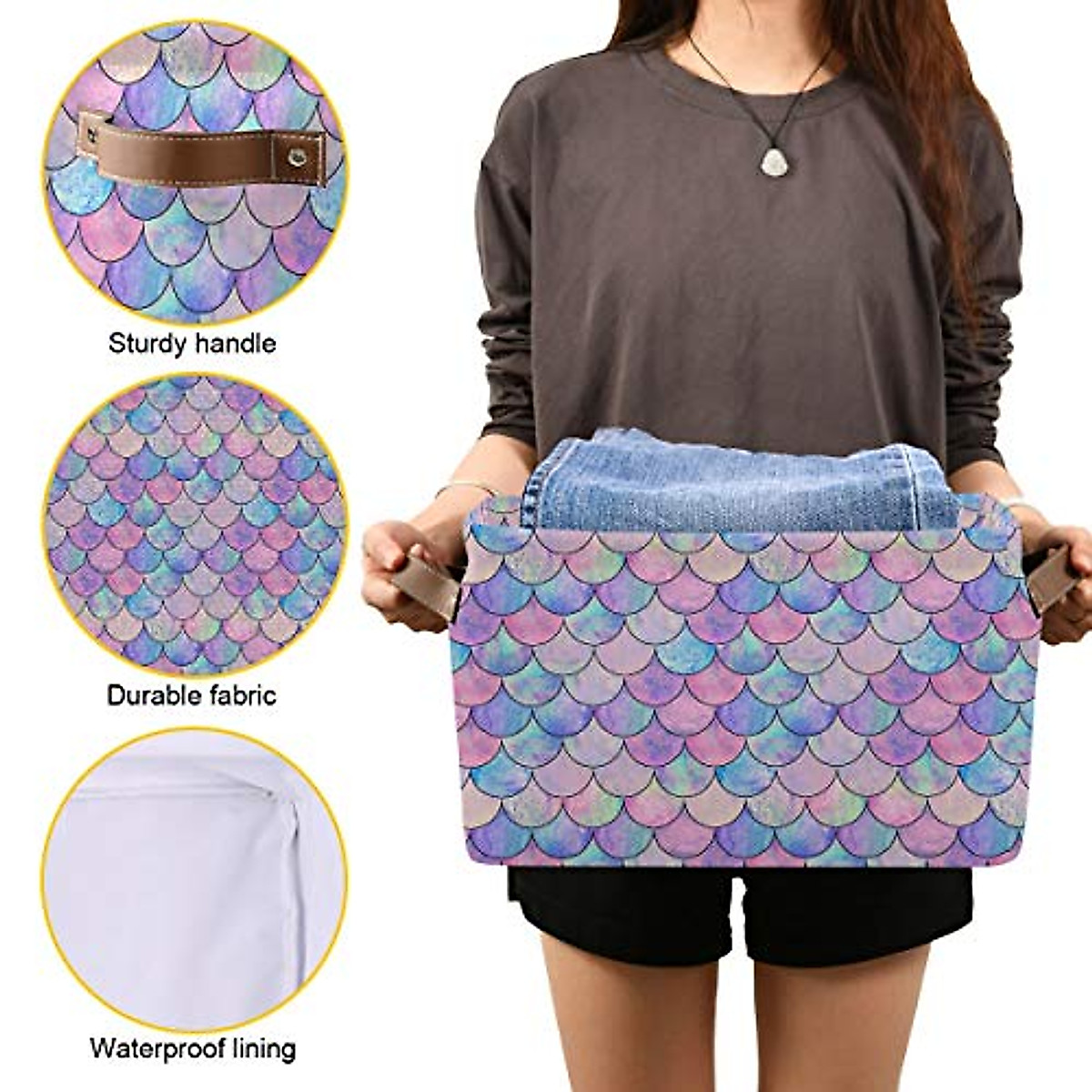senya Large Foldable Storage Basket, Mermaid Fish Scale Wave Fabric Storage Bin Organizer Bag with Handles 15 x 11 x 9.5 inch