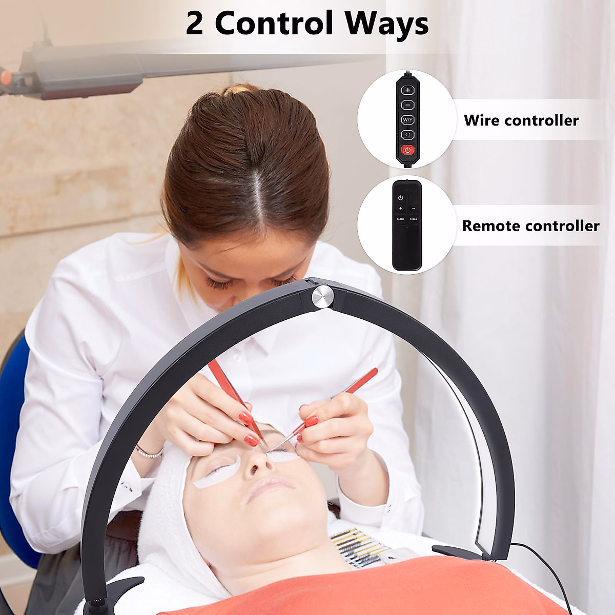 Gicrymil Half Moon Light for Nail Desk, 29in Half Moon Table Lamp Nail Desk Lamp with Wire Controller & Remote, Lash Light Lamp for Eyelash Extensions Tattoo PMU, 7 Cool/Warm Tones & 10 Brightness