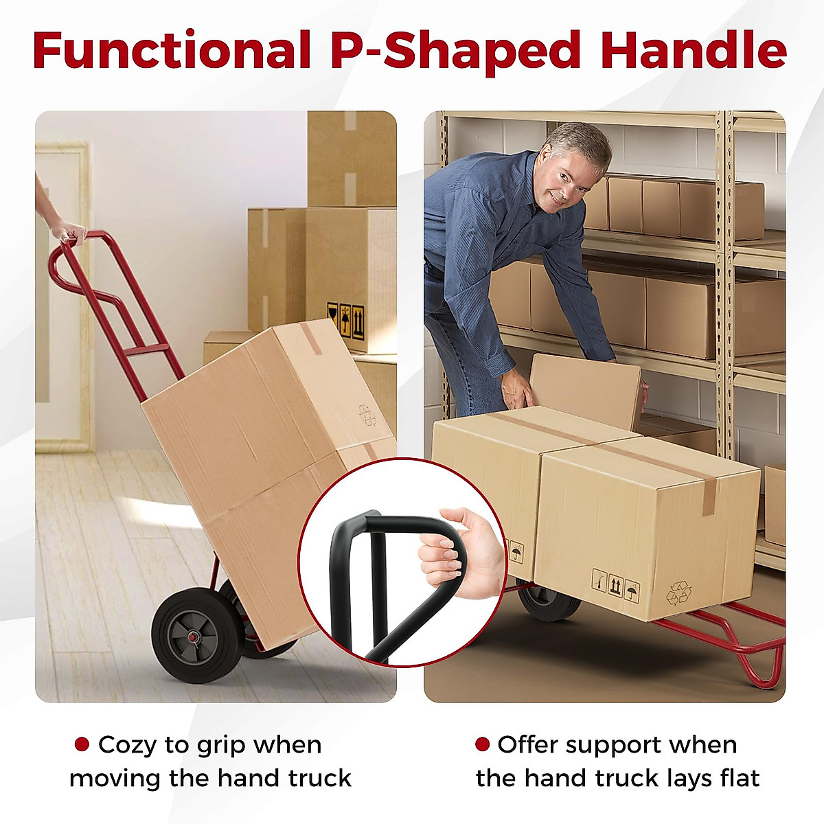 Goplus Hand Truck, P-Handle Hand Truck Dolly w/Vertical Loop Handle, 10” Rubber Wheels, 15”x8” Foldable Nose Plate, 660LBS Capacity, Heavy Duty Metal Dolly Cart for Lifting, Stairs (Red)