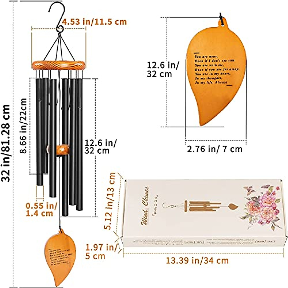 32" Memorial Wind Chimes, Sympathy Wind Chimes, Wind Chimes for Loss of Loved One, Memorial Sympathy Gift for Memory of Bereavement Mother Father for Outdoor Garden Patio - Black