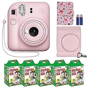 Fujifilm Instax Mini 12 Instant Camera Blossom Pink + MiniMate Accessory Bundle & Compatible Custom Case + Fuji Instax Film Value Pack (50 Sheets) Flamingo Designer Photo Album