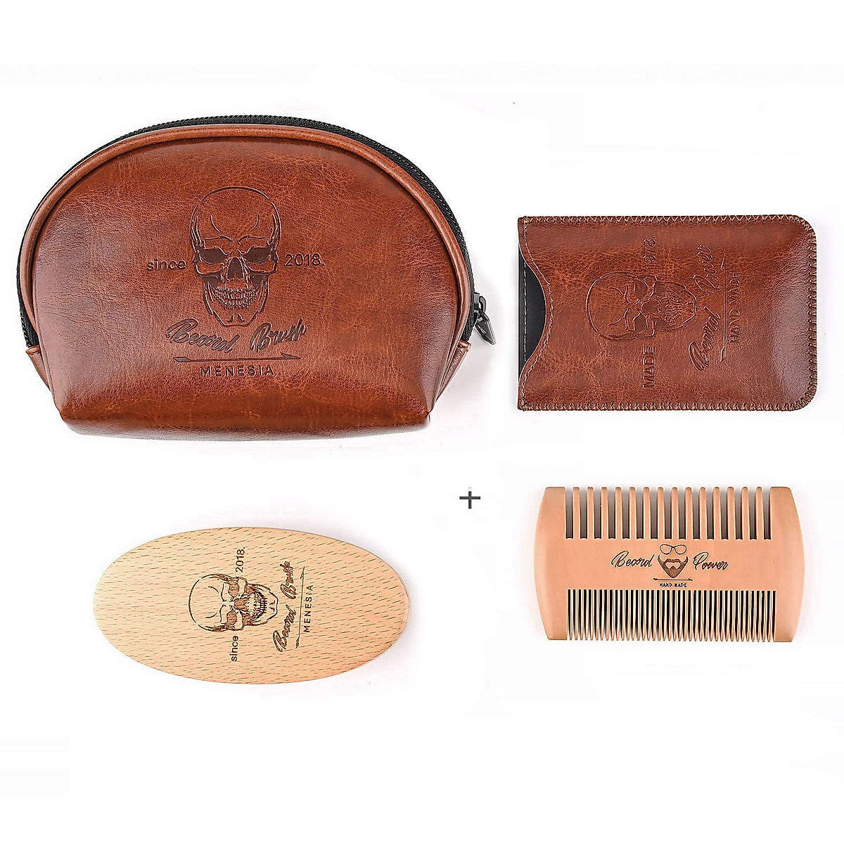 Menesia Beard Brush and Comb set, Boar Bristle Hair Beard Brush Kit with Small Leather Travel Toiletry Bag Case for Men, include Men's Wooden Mustache Comb & Nose Hair Scissors