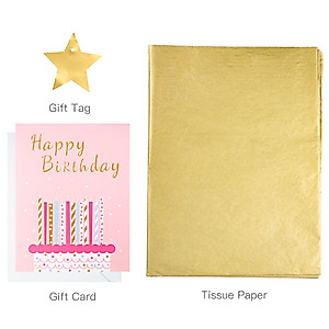 MAYPLUSS 16" Birthday Large Gift Bag with Greeting Card and Tissue Paper for Birhtday - Pink Gold Foil Candle Design