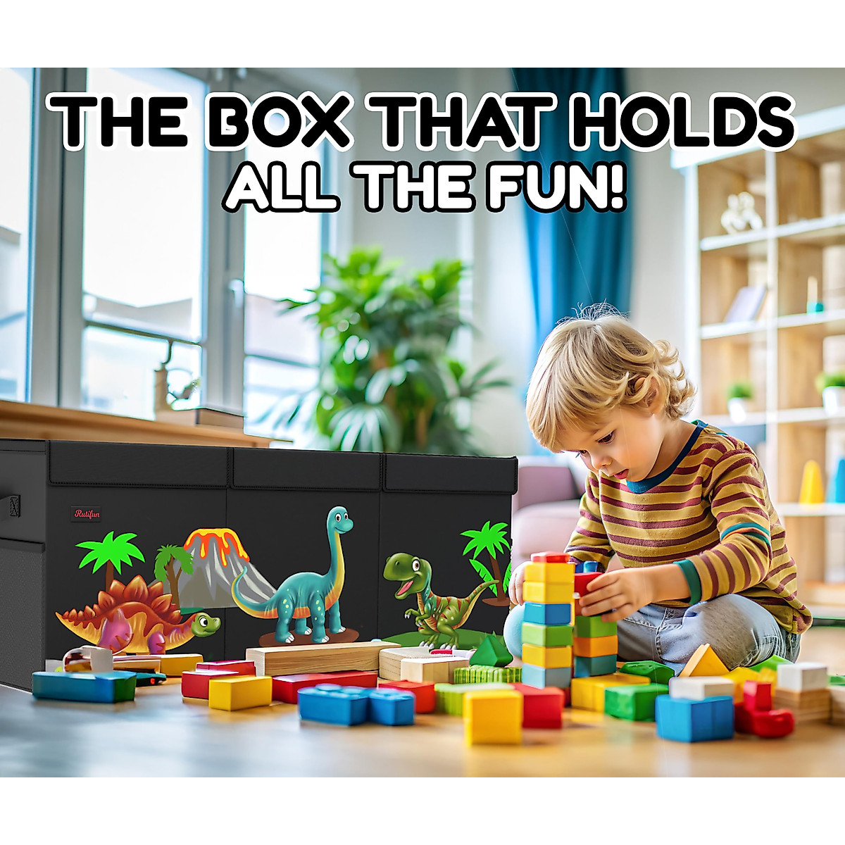 RUTIFUN Extra Large Toy Basket, Collapsible Toy Storage Organizer, Large Toy Chest Basket with Lid, Dinosaur Toy Storage Bin for Boys Girls, Toy Bins for Kids, Toy Box for Toddlers Living Room, Black