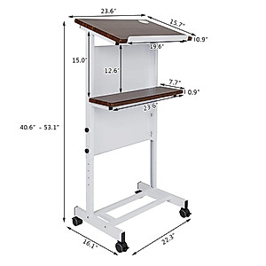 Bonnlo Mobile Stand Up Lectern Podium with Wheels, Portable Heavy Duty Desk, Height Adjustable Church Pulpit or Ceremony, Classroom Lecture Speech Teach Platform, Walnut Tabletop and White Steel Frame