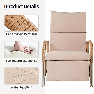 UPHA Outdoor Adjustable Recliner Chair with Thick Cushion,All-Weather Wicker Reclining Lounge Chair with Footrest for Deck, Backyard, Lawn,Beige