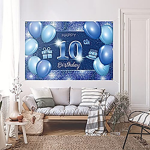 5665 Happy 10th Birthday Backdrop Banner Decor Blue – Dot Glitter Sparkle 10 Years Old Birthday party Theme Decorations for Boys Girls Supplies