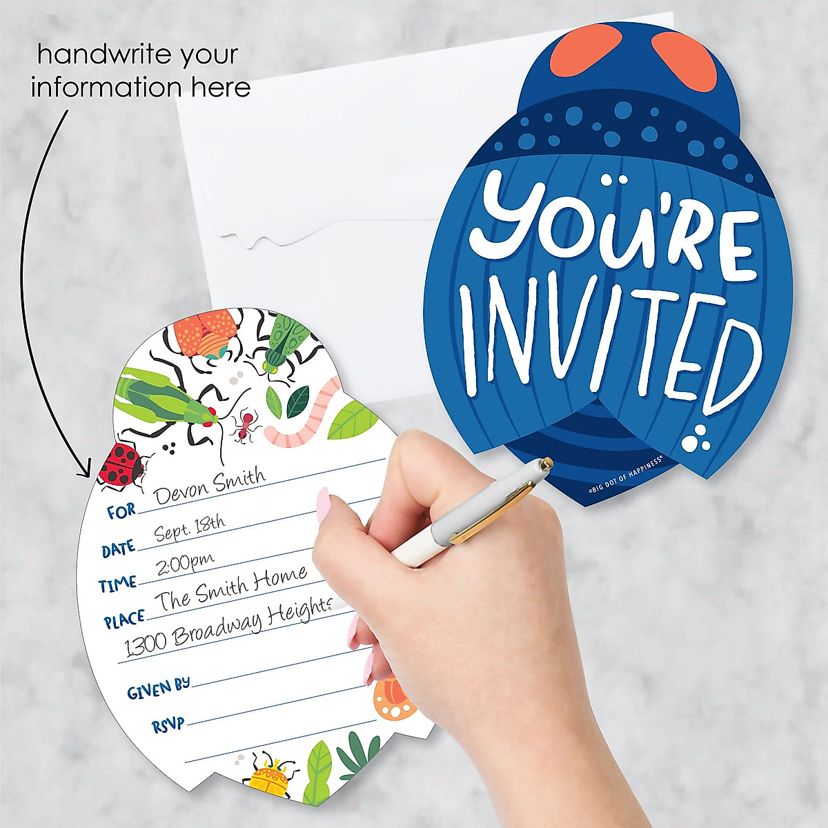 Big Dot of Happiness Buggin' Out - Shaped Fill-In Invitations - Bugs Birthday Party Invitation Cards with Envelopes - Set of 12