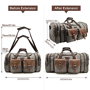 Wildroad 50L Travel Duffel Bag, Expandable Canvas Genuine Leather Duffle Bag Upgraded Overnight Weekender Bag Carry on Bag