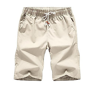 SCHWARZER Cotton linen Elastic Waistband High Waisted Relaxed Fit Mens Beach Shorts Volleyball Hiking Shorts Khaki
