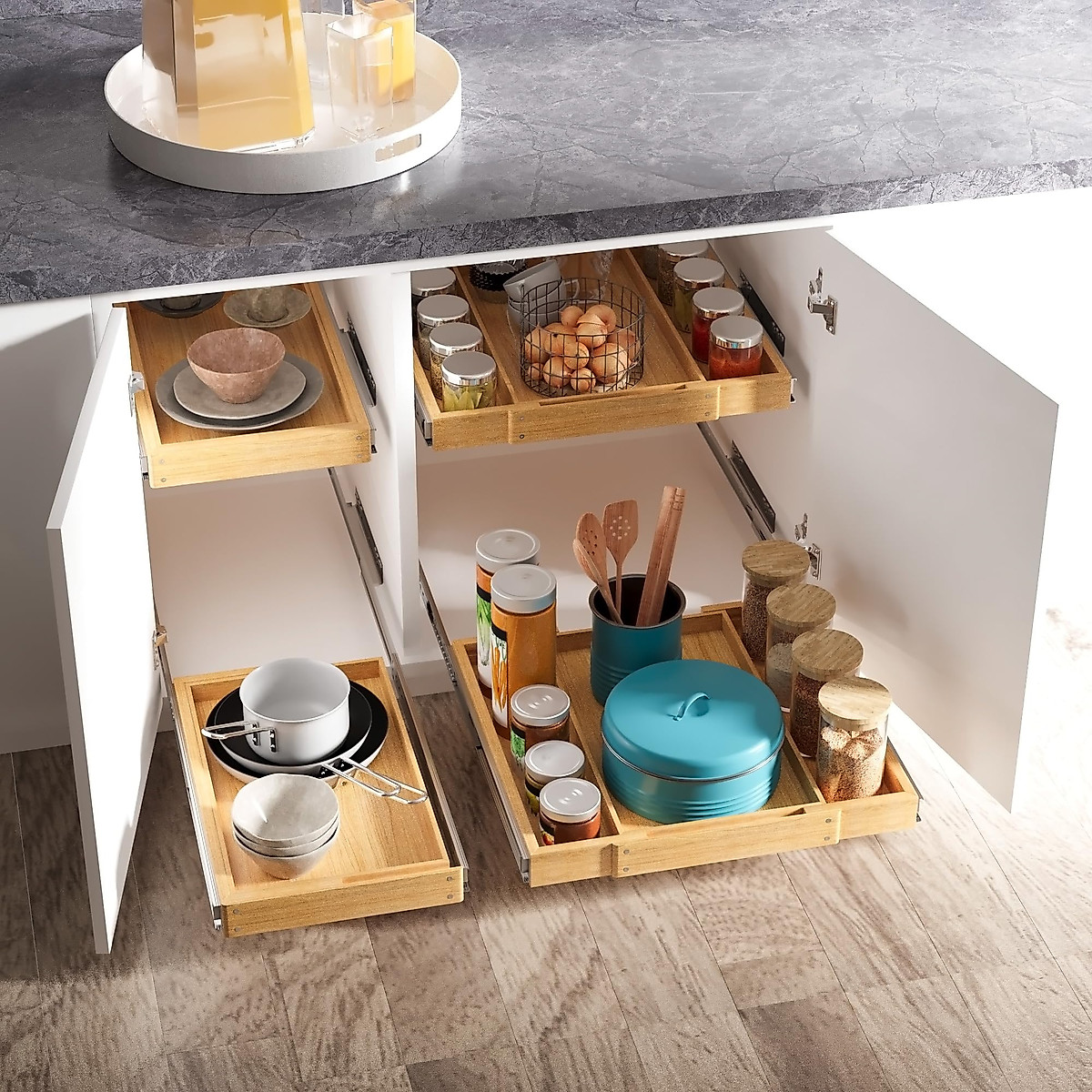 LOCVCDA Expandable Pull Out Cabinet Organizer, 16.3"~25.9"x22" Adjustable Width Wood Cabinet Pull Out Shelves Slide Out Wooden Drawer Storage Shelves for Kitchen(Style 2/1pack)