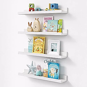 Forbena Nursery Floating Shelves for Wall, 23 Inch Long Nursery Book Shelves Set of 4, Rustic Wood Picture Ledge Shelf for Bedroom, Bathroom, Living Room, Photo Frames, Office Decor (White)