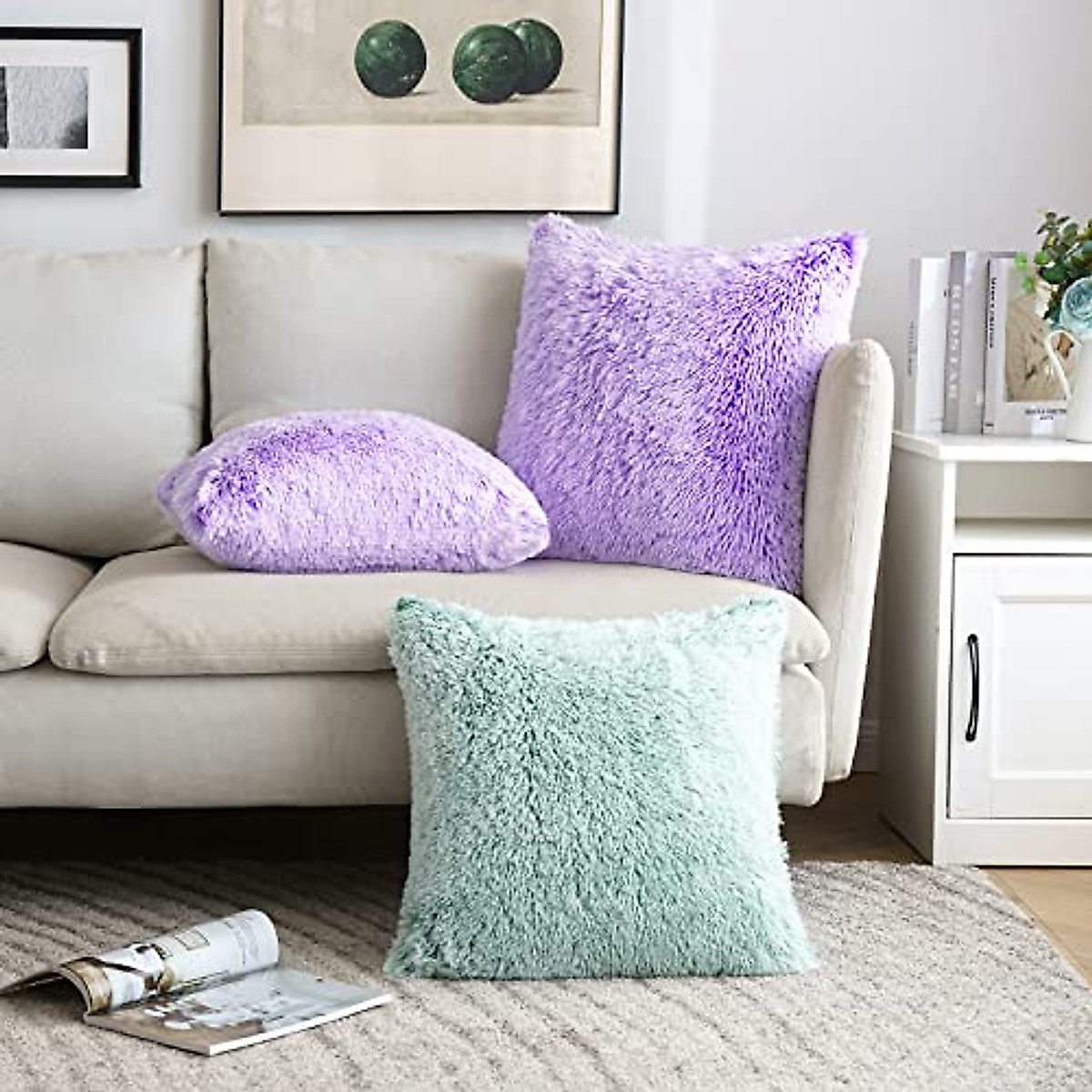 MIULEE Pack of 2 Ultra Soft Fluffy Throw Pillow Covers Decorative Plush Shaggy Double-Sided Faux Fur Pillow Cases Cushions Covers for Sofa Bedroom Car 20x20 Inch Purple Ombre