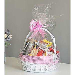 White Round Willow Gift Basket, with Pink Gingham Liner and Handle- Small
