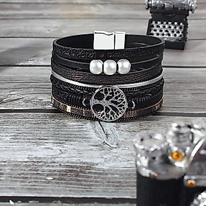 FANCY SHINY Tree of Life Leather Wrap Bracelet Inspirational Cuff Bangles Boho Pearl Bracelets with Clasp Unique Jewelry Gifts for Women(Black)