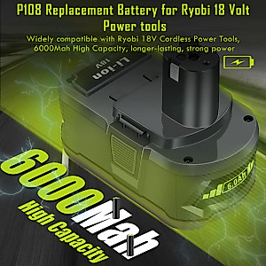 BATINO 2 Pack 6.0Ah P108 18V Replacement Battery for Ryobi P102 P103 P104 P105 P107 P109 P100 P122 18 Volt Lithium-ion Batteries Compatible with Ryobi One+ Cordless Brushless Power Tools