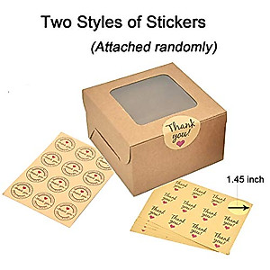 50 Pack Brown Bakery Boxes, 4x4x2.5 Inches Small Pastry Treat Boxes with Window Gift Packaging Boxes for Cookies, Pastries, Mini Cakes, Donut, Pie Slice, Stickers Included