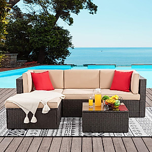 Vongrasig 5 Pieces Small Patio Furniture Sets, All-Weather PE Wicker Rattan Outdoor Couch Sectional Patio Conversation Set Outdoor Furniture Patio Seating w/Ottoman, Glass Table&Beige Cushion (Brown)