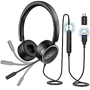 New bee USB Headset Computer Headset in-Line Call Controls Office Headset with Noise Cancelling Micphone Call Center Headset for Skype, Zoom, Laptop, Phone, PC, Tablet, Home with USB-C Adapter