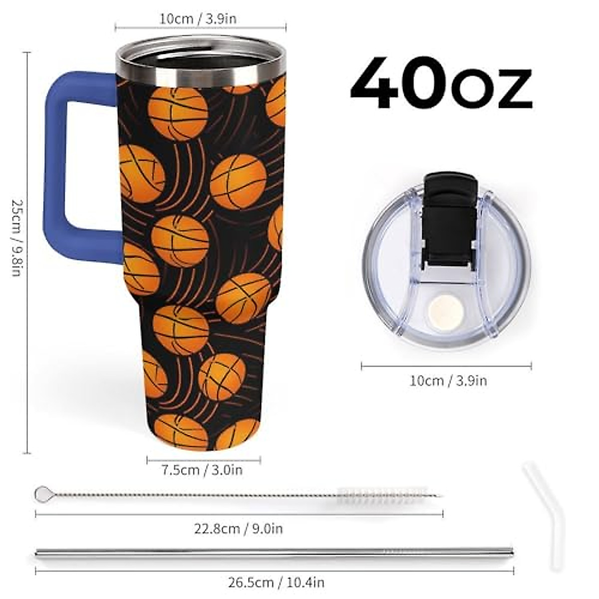 Sports Basketball Pattern 40 Oz Car Cup Stainless Steel Travel Mug Leak-Proof Insulated Tumbler with Handle Deep Blue-style