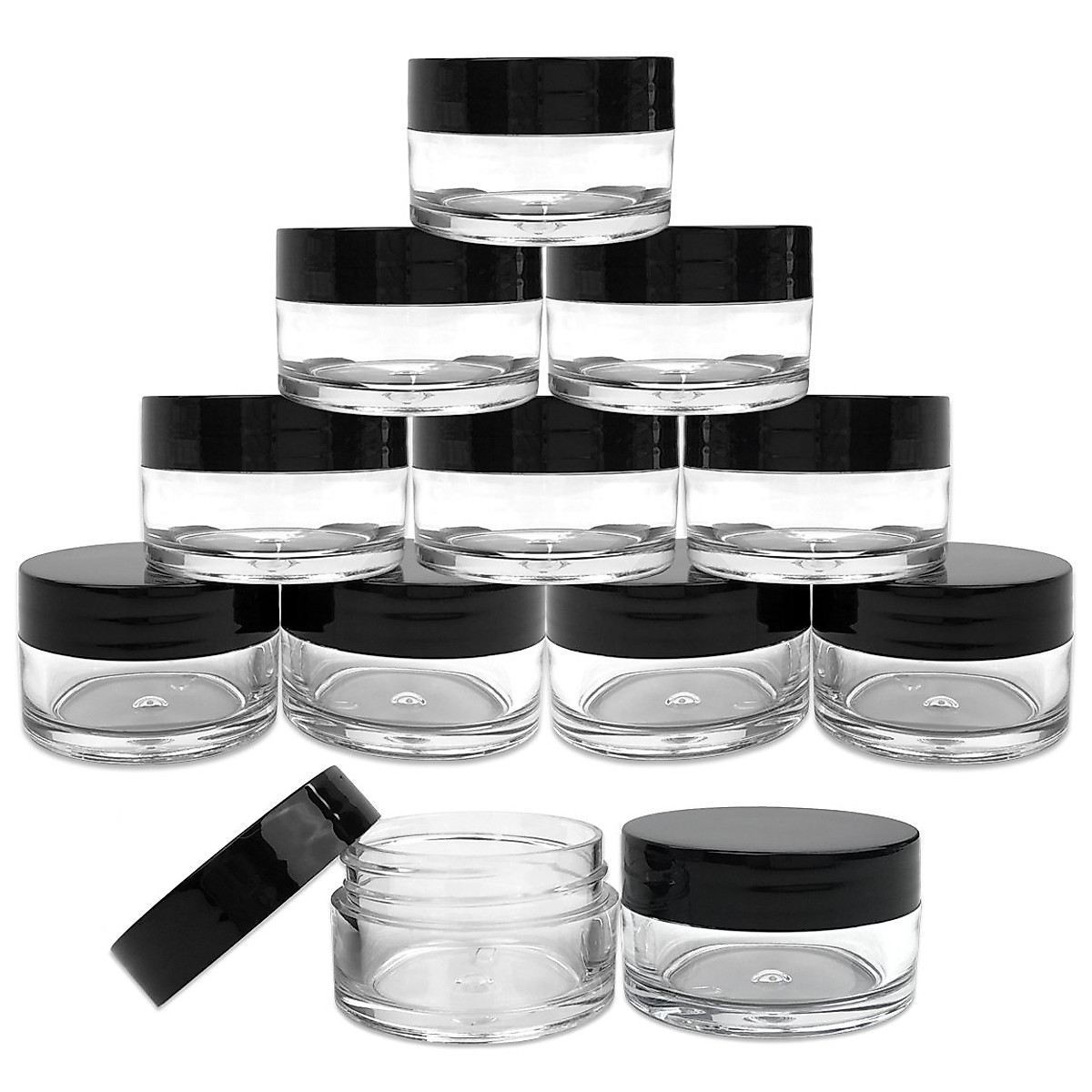 Beauticom 12 Piece 20g/20ml USA Acrylic Round Clear Jars with Lids for Lip Balms, Creams, Make Up, Cosmetics, Samples, Ointments and other Beauty Products (Black Lid (Flat Top))