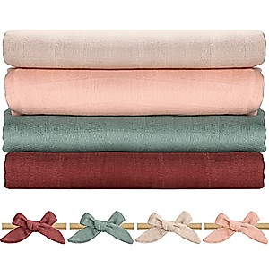 Tatuo 4 Pack Baby Swaddle Blanket Breathable Muslin Swaddle Blanket for Boys Girls, 4 Soft Elastic Baby Headbands with Hair Bows, 47 x 47 Inch Receiving Blanket for Newborn Infant(Light Color)