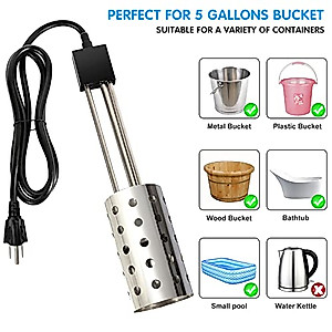 GESAIL 1000W Electric Immersion Heater, Bucket Water Heater with 304 Stainless-Steel Guard, Submersible Bucket Heater with Thermostat and Auto Shutoff, Heats 5 Gallons Water in Minutes
