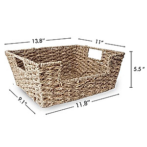 Seagrass Wicker Storage Baskets with Handles 13.8” x 11” x 5.5”, 2-Pack, Large Storage Baskets for Shelf Organizing, Rectangular Pantry Organizer Basket Bins, Chi An Home Woven Baskets for Storage…