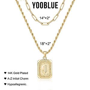 Yooblue Gold Layered Initial Necklaces for Women, Dainty 14K Gold Plated Letter A Initial Square Pendant Necklaces Paperclip Link Rope Chain Layering Necklaces for Women Teen Girl Jewelry Gifts